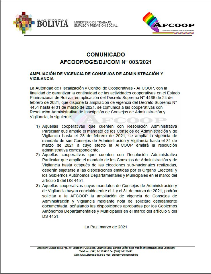 COMUNICADO 003-2021 – AFCOOP