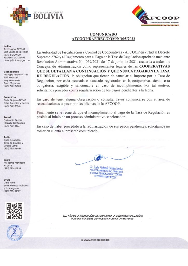 COMUNICADO N°005/2022 – AFCOOP